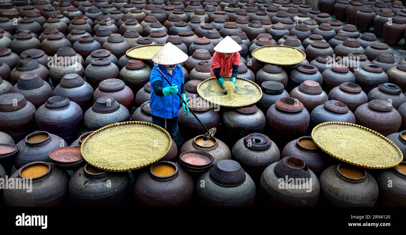 Traditional soy sauce factory, where soya beans are fermented to ...