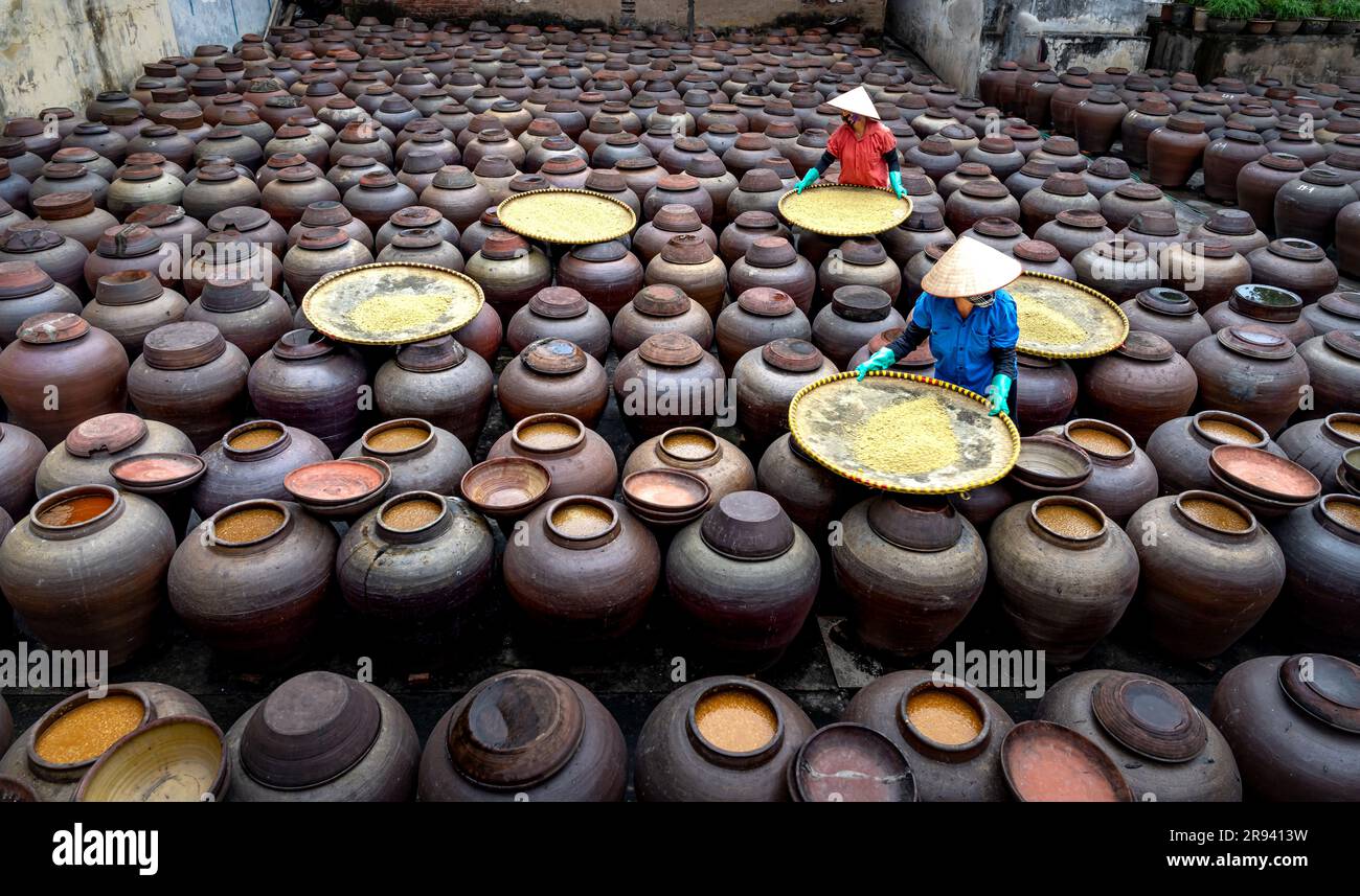 Traditional soy sauce factory, where soya beans are fermented to ...