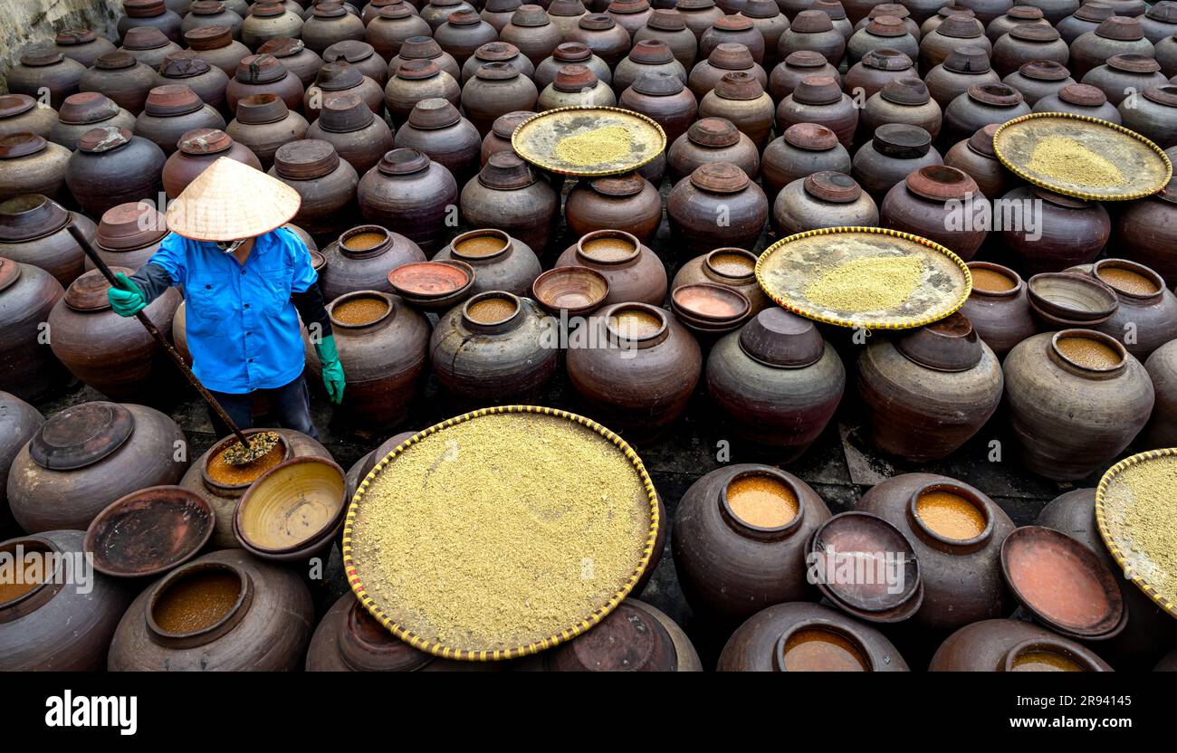 Traditional soy sauce factory, where soya beans are fermented to ...