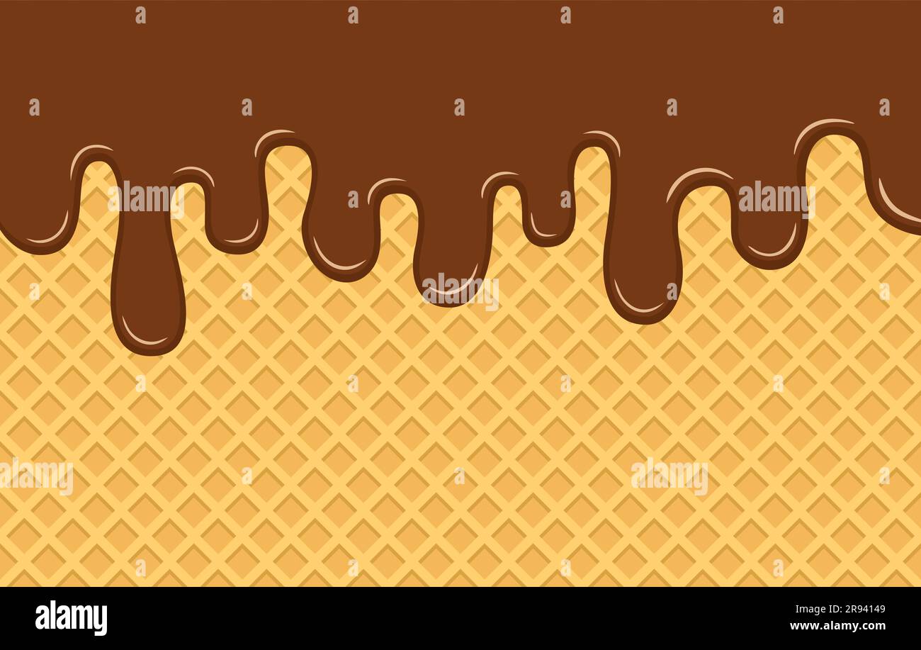 Chocolate ice cream flows down the yellow crispy waffle. Delicious ...