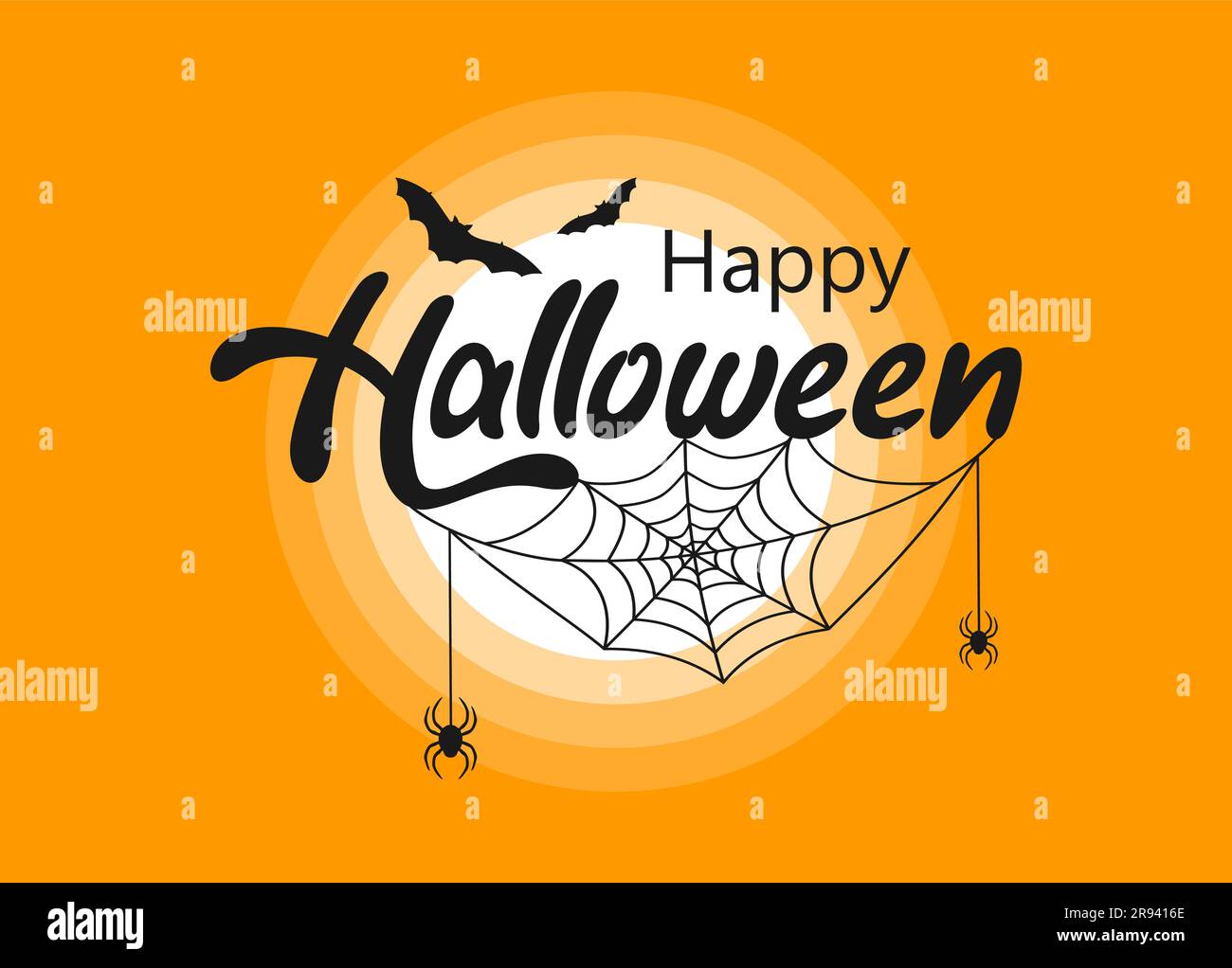 Happy Halloween text banner with spider web, bats and full moon on ...