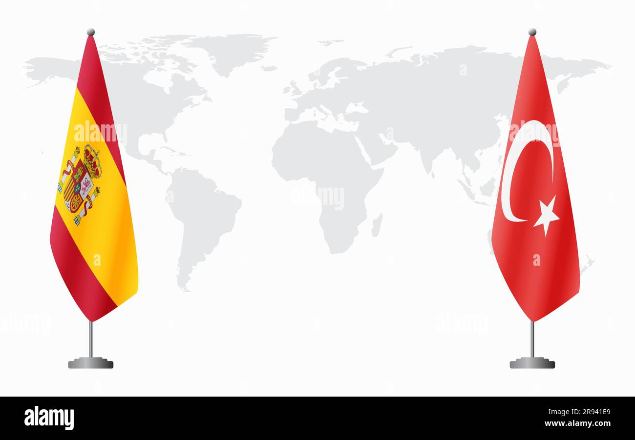 Spain and Turkey flags for official meeting against background of world ...