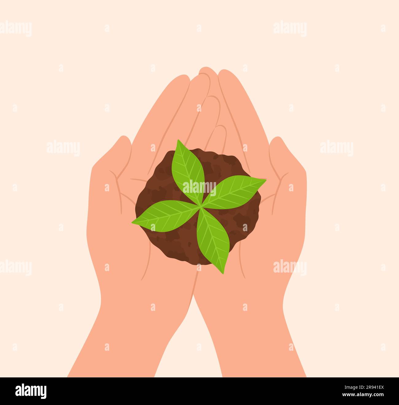 Hands holding in a palms a seedling in the soil, top view. Flat vector ...
