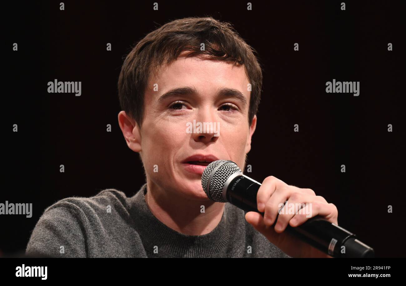Cologne, Germany. 23rd June, 2023. Canadian actor Elliot Page speaks at ...