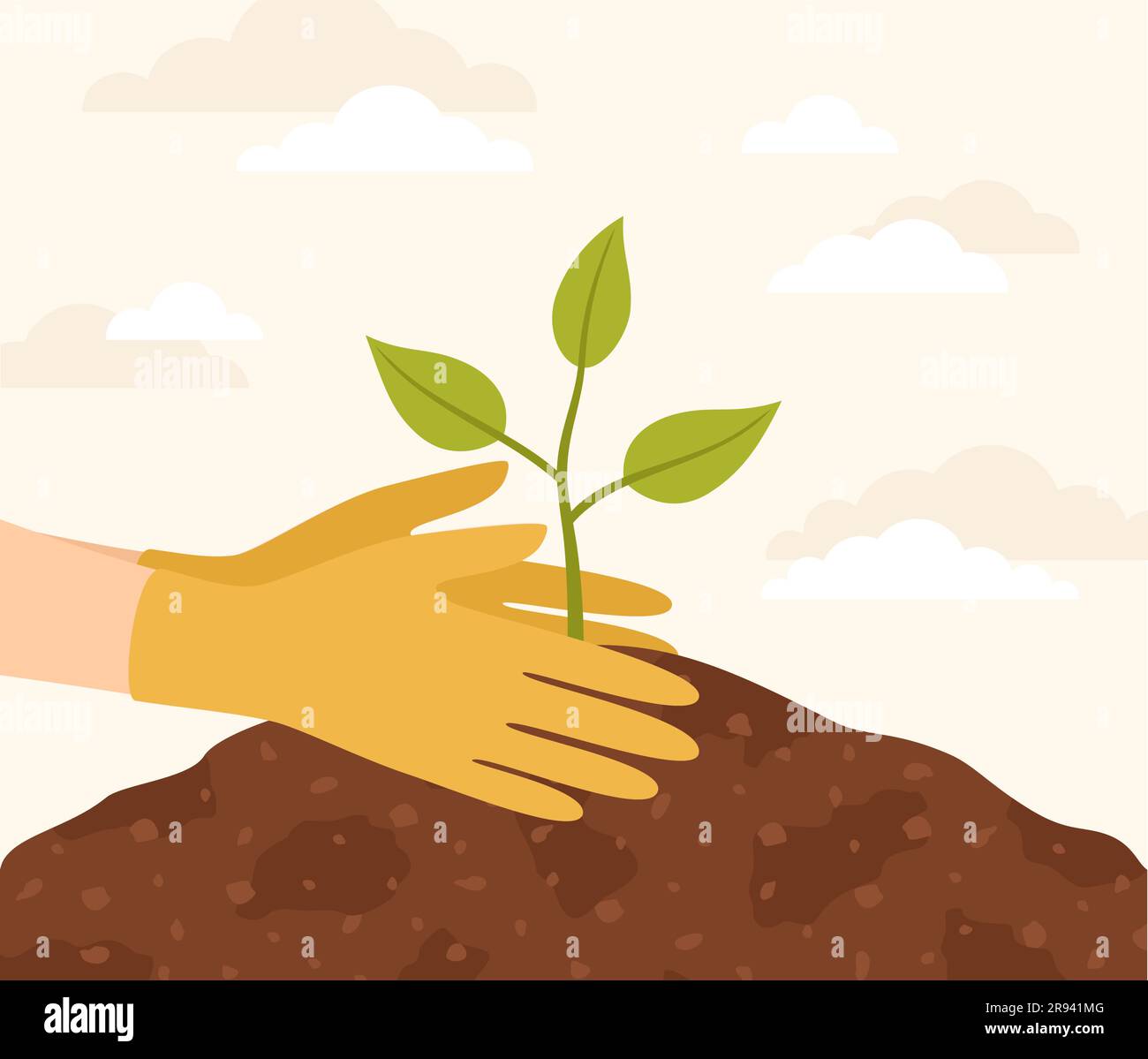Hands in yellow rubber gloves planting a seedling in the ground. Vector illustration in flat ...