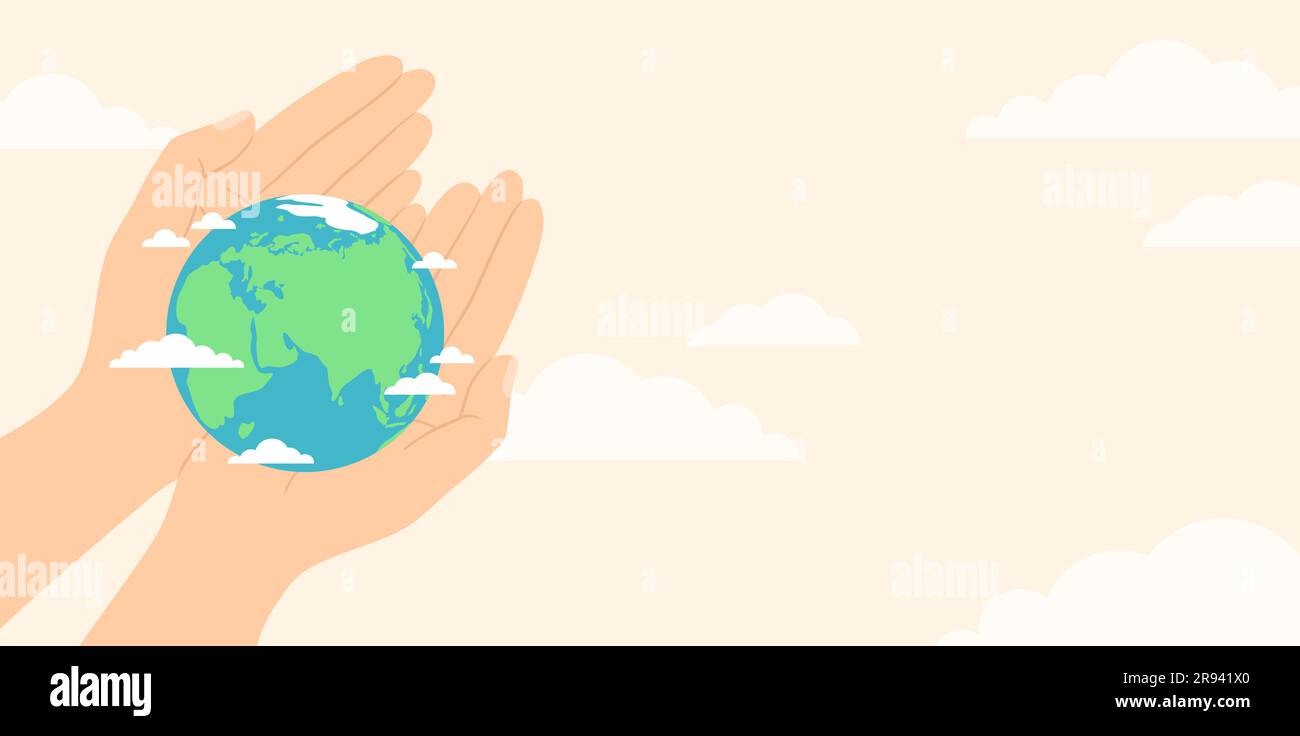 Hands holding planet Earth in palms on cloudy beige background with ...