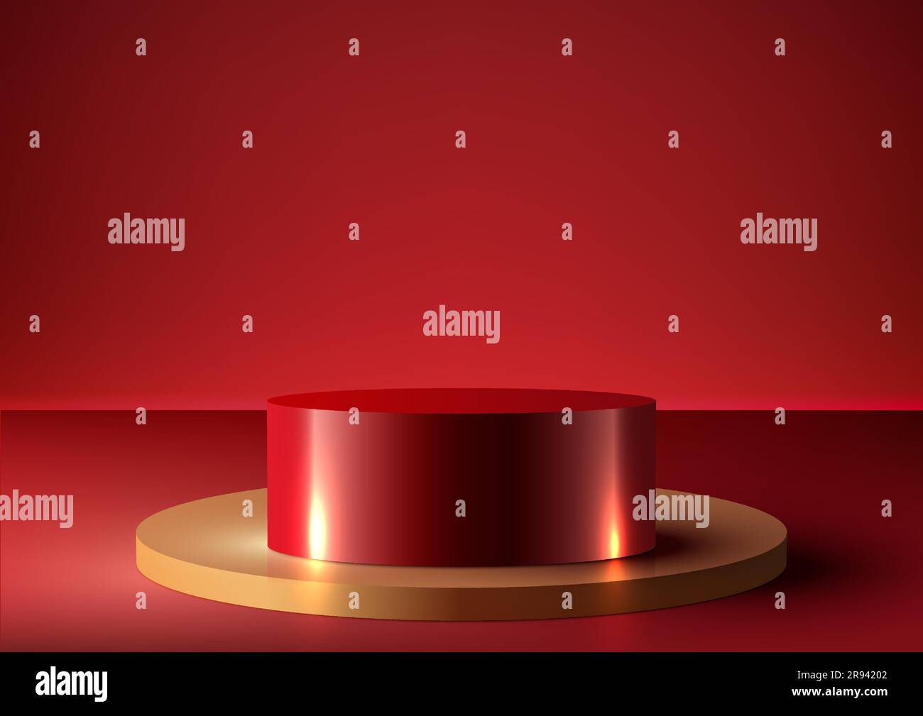 3D realistic empty red and gold podium stand on red background modern ...