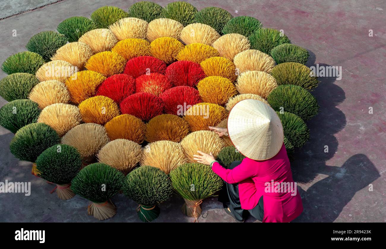 Traditional village workers of Ung Hoa incense are doing the incense ...