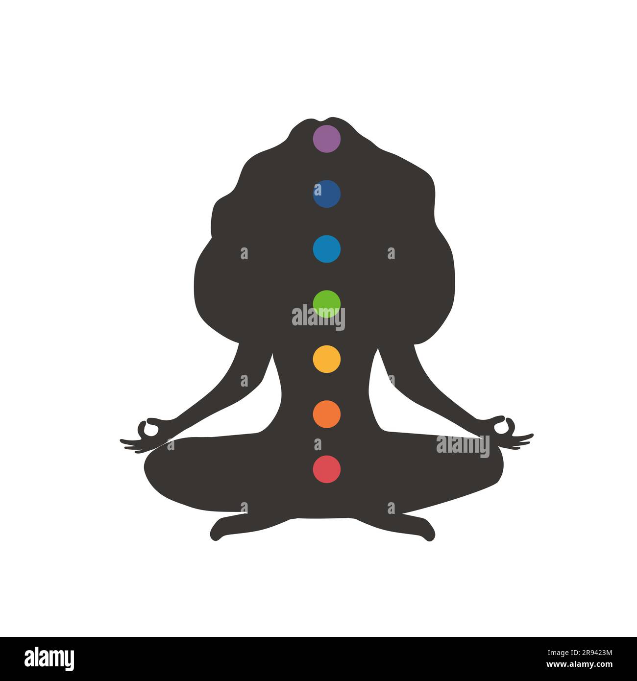 Seven chakras system of human body. Meditating female silhouette with ...