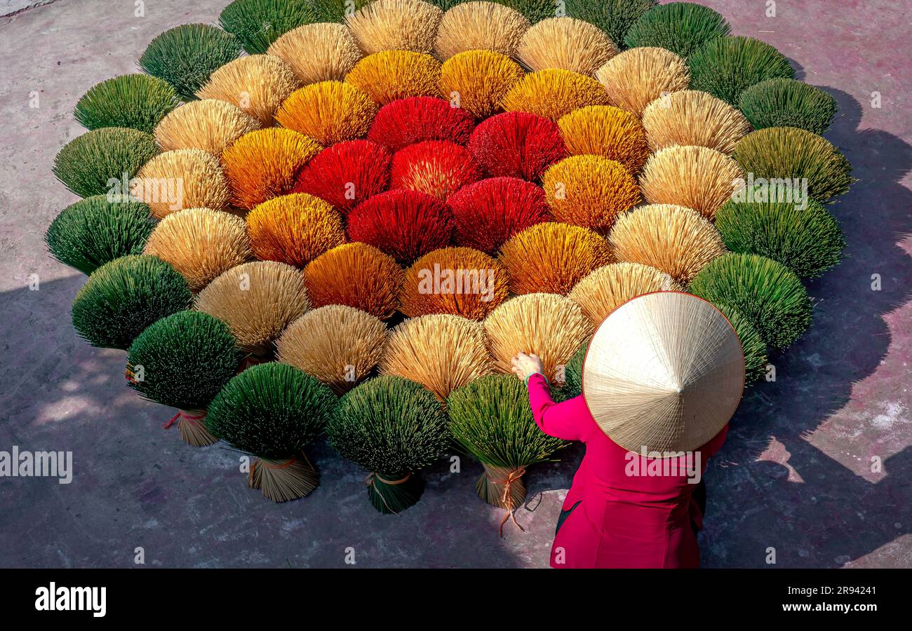 Traditional village workers of Ung Hoa incense are doing the incense ...