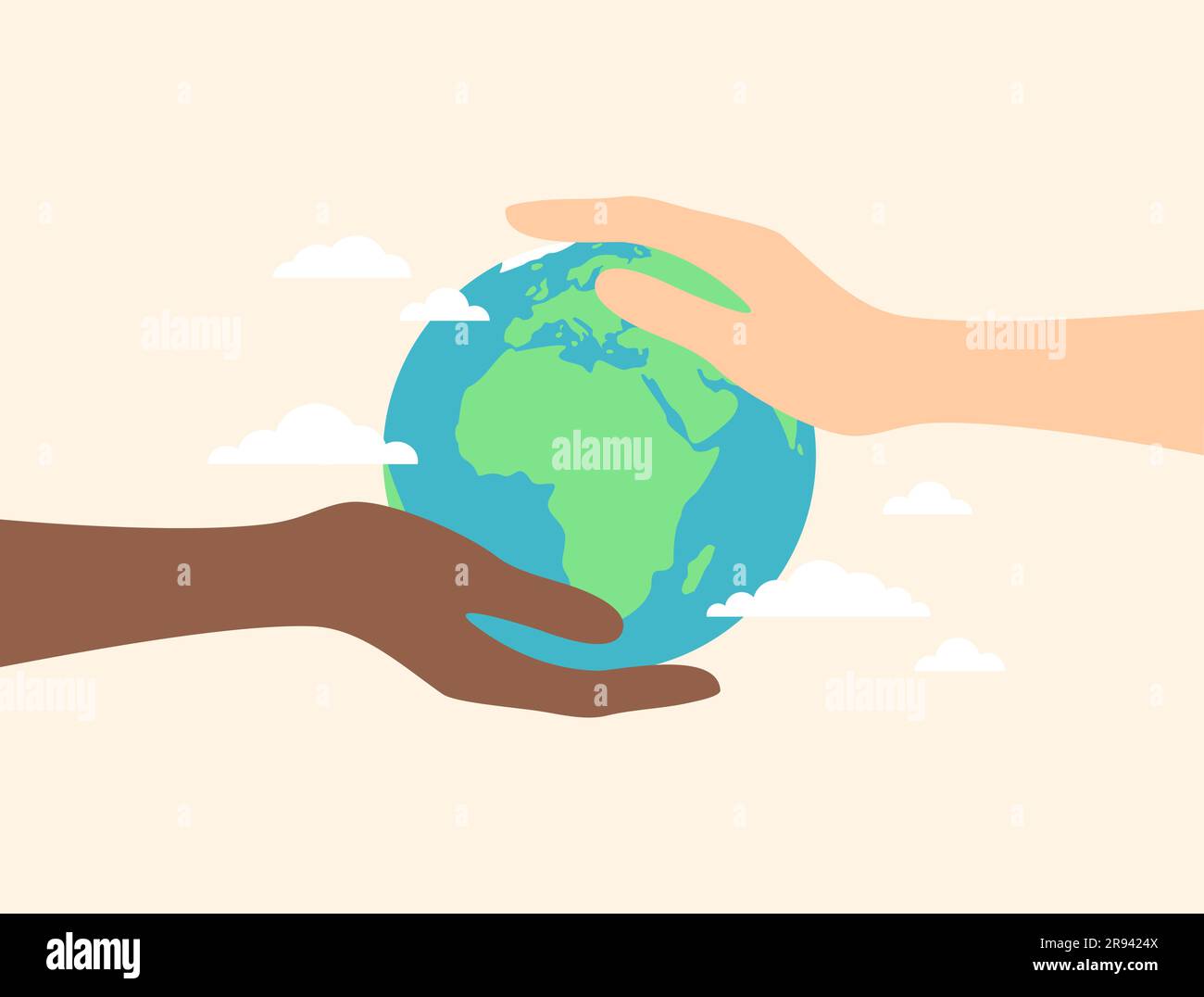 Two hands of people of different ethnicities holding planet Earth on a beige background. Flat ...