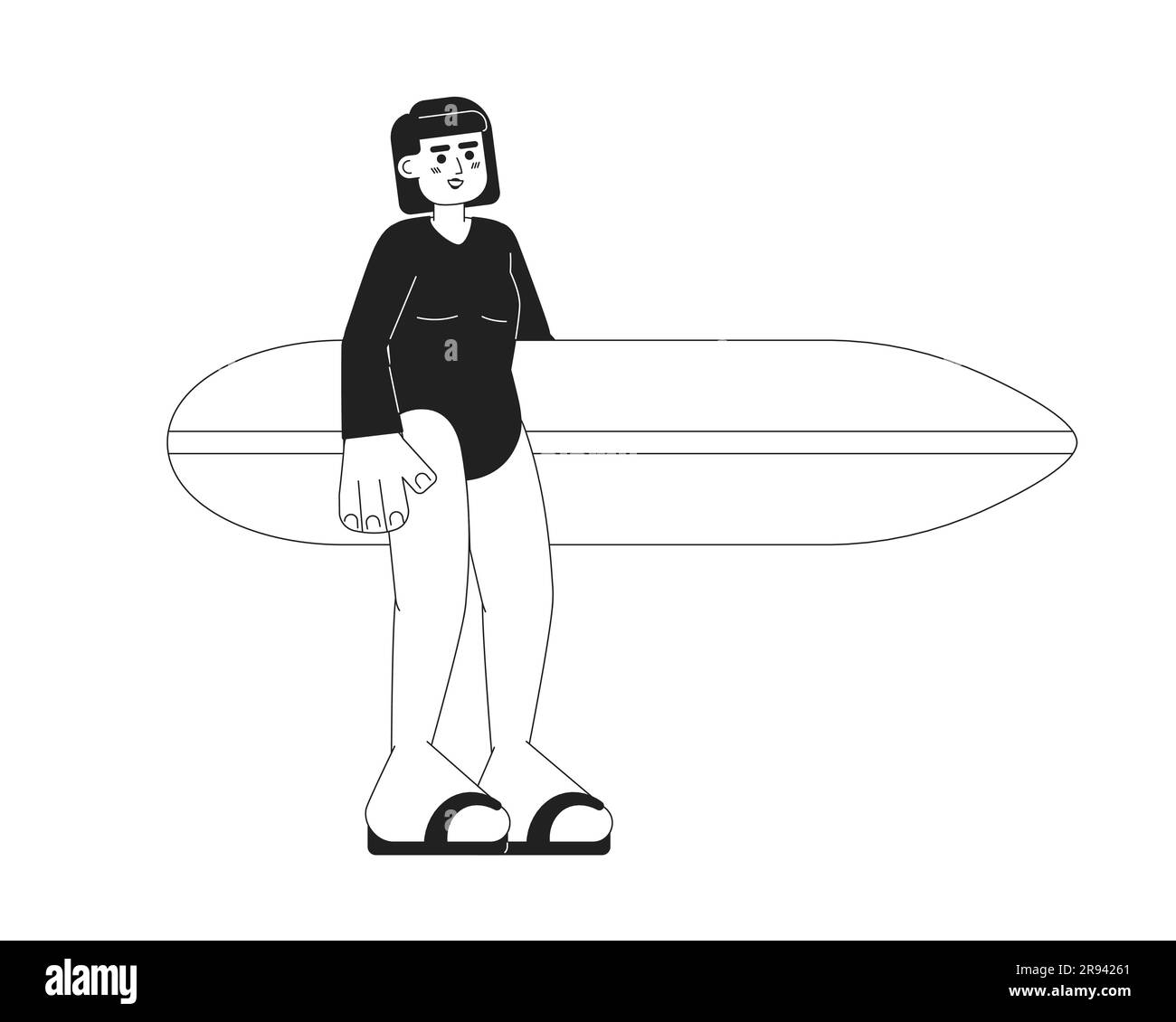 Surfer girl holding surfboard monochromatic flat vector character Stock ...