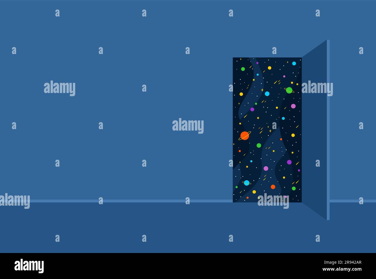 The door opening to the starry universe, copy space. Flat vector ...