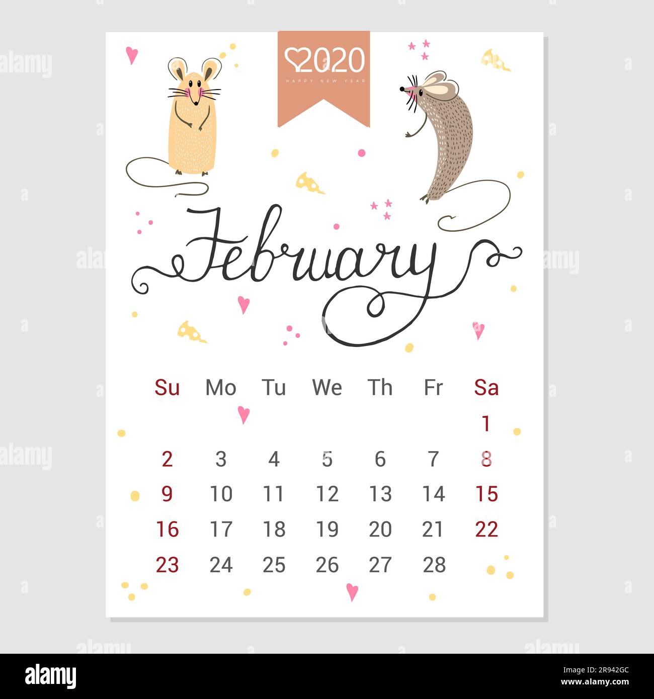Calendar February 2020 vector. Monthly creative calendar 2020 cute hand ...