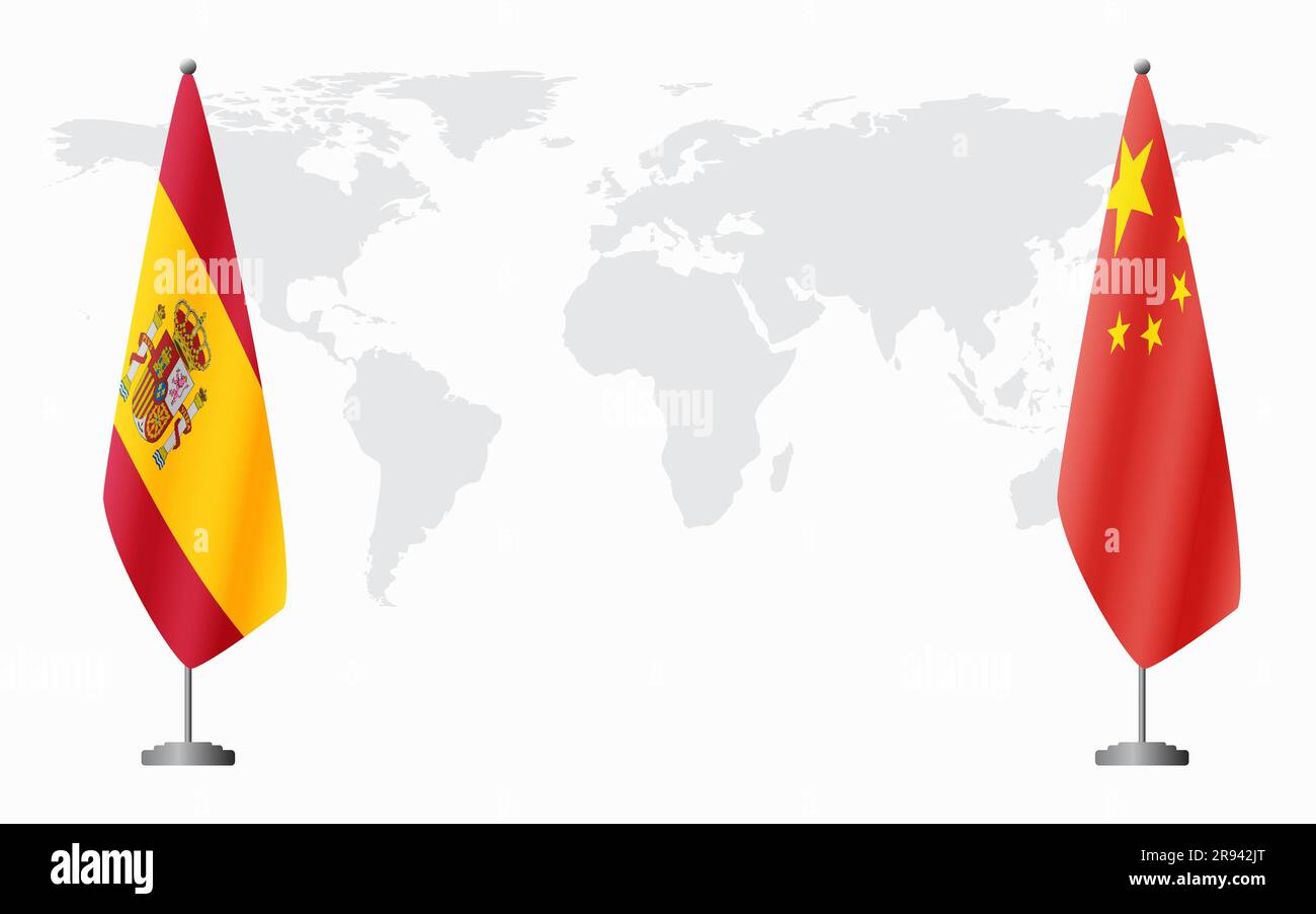 Spain and China flags for official meeting against background of world ...