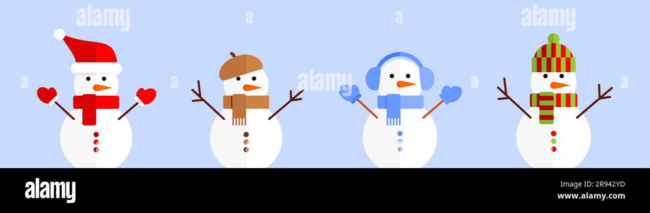 Set of snowmen in colorful hats and scarves on a blue background Stock ...