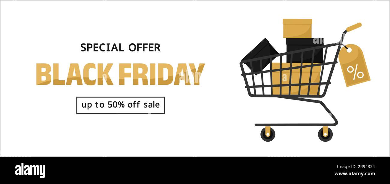 Black friday special offer banner. Shopping cart with gold and black ...