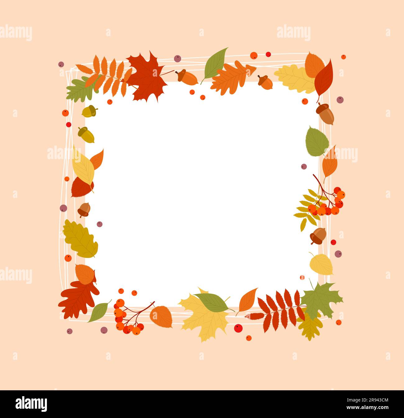 Rectangular autumn frame with colorful leaves, berries and acorns. Flat ...