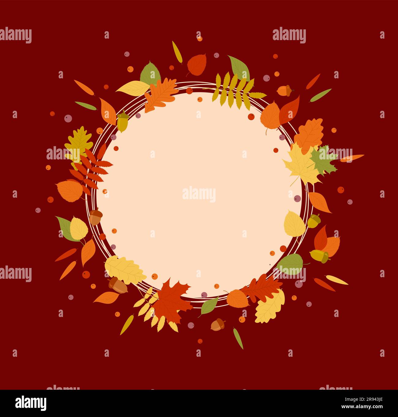 Round autumn frame with colorful leaves, berries and acorns on a red ...