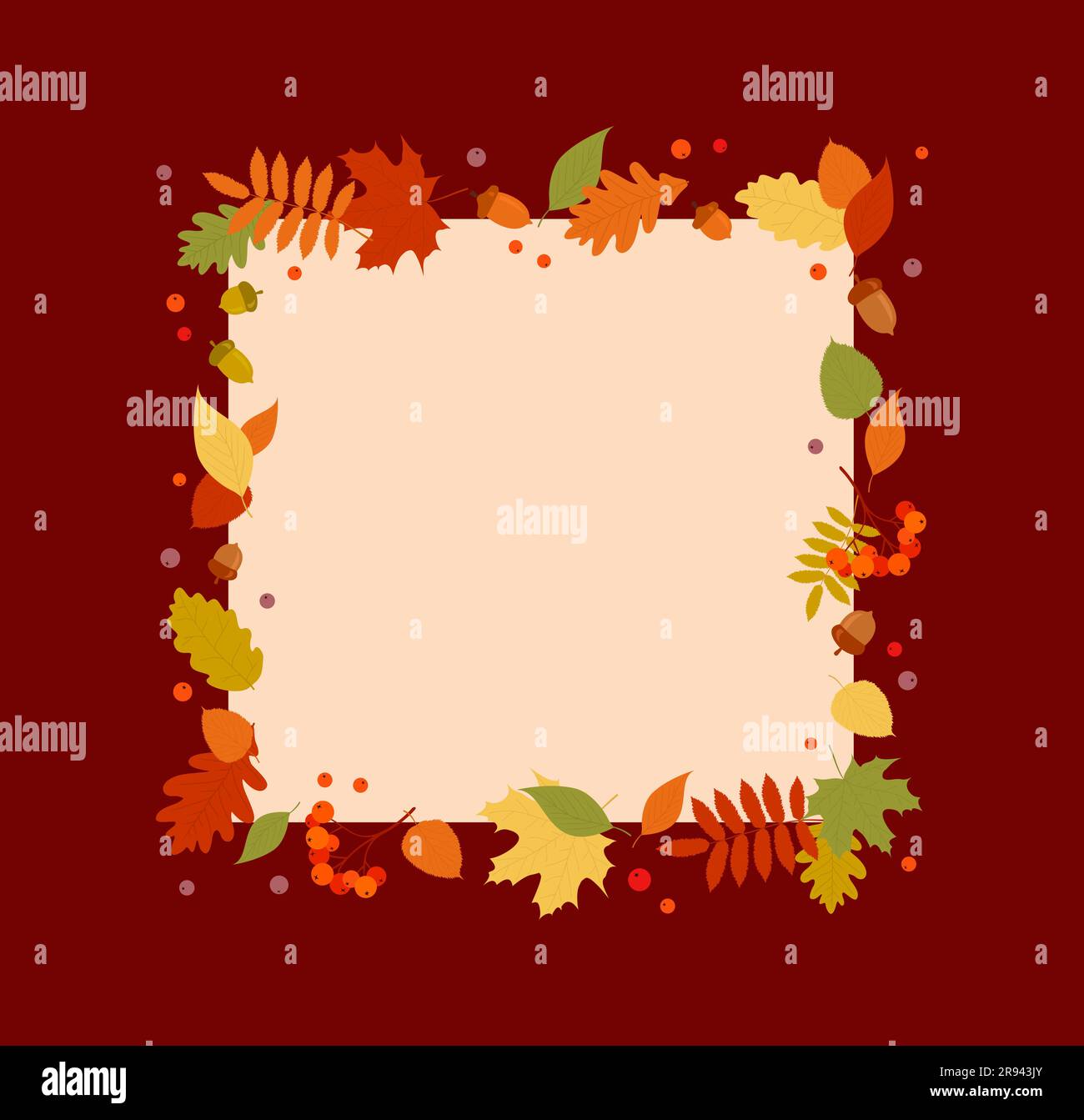 Rectangular autumn frame with colorful leaves, berries and acorns on a ...