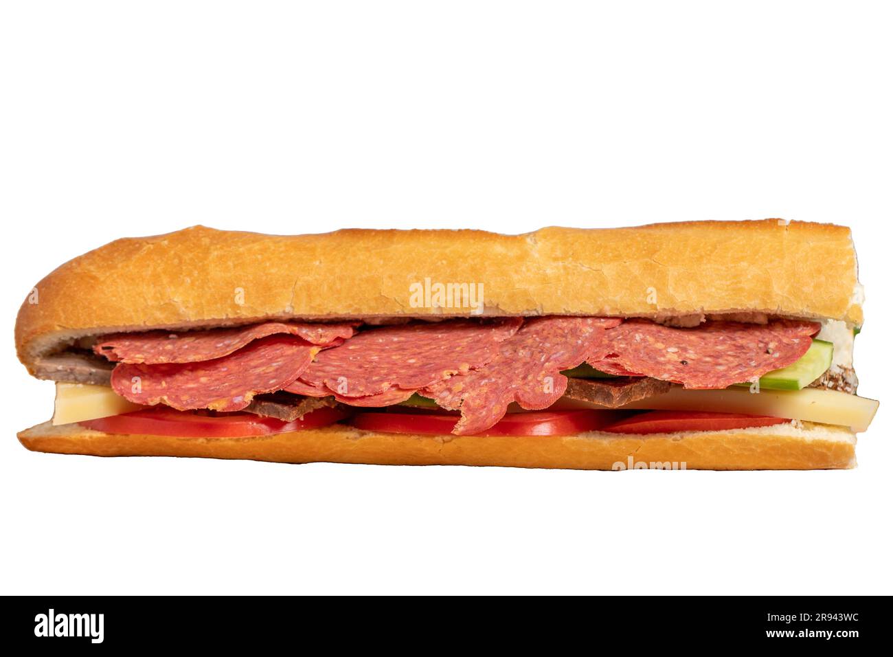 Baguette sandwich. Sandwich with salami, roast beef, cheddar, tomato ...