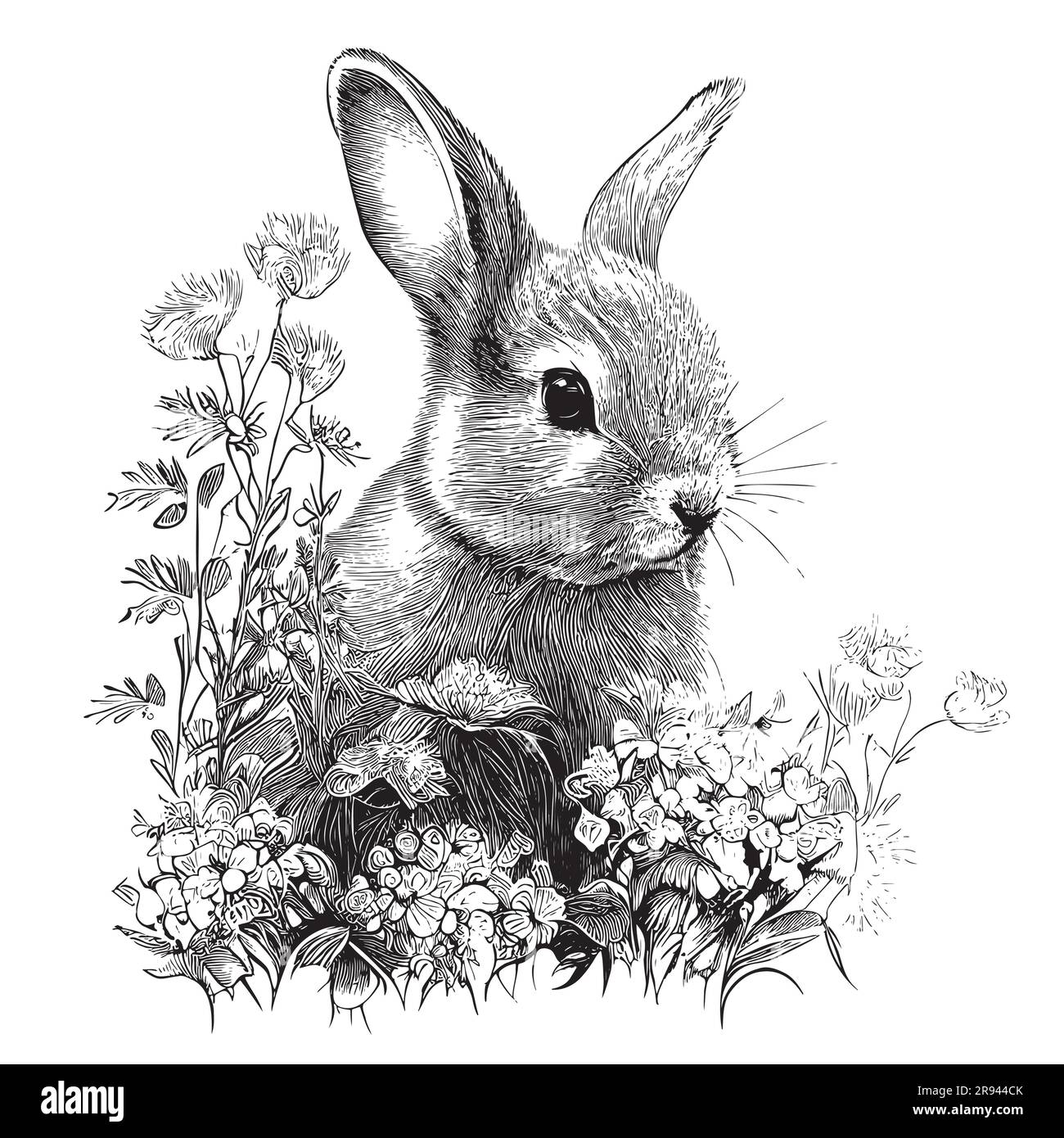 Rabbits sitting in flowers sketch hand drawn in doodle style ...