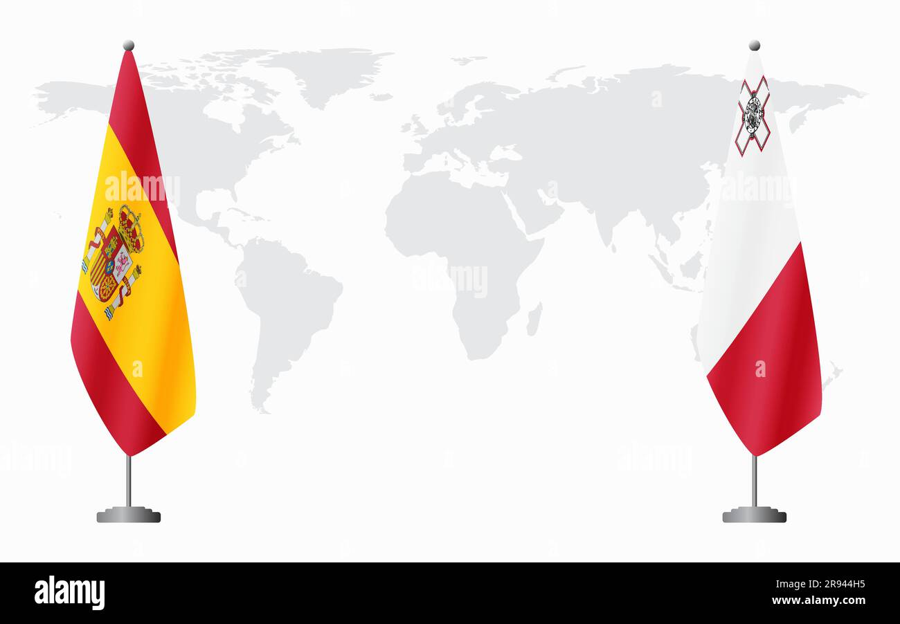 Spain and Malta flags for official meeting against background of world ...