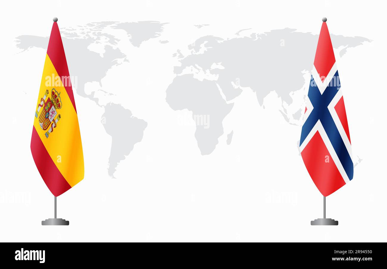 Spain and Norway flags for official meeting against background of world ...