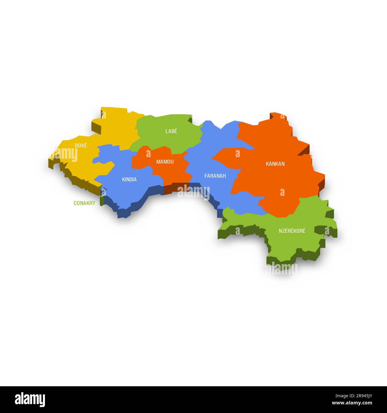 Guinea political map of administrative divisions - regions. Colorful 3D ...
