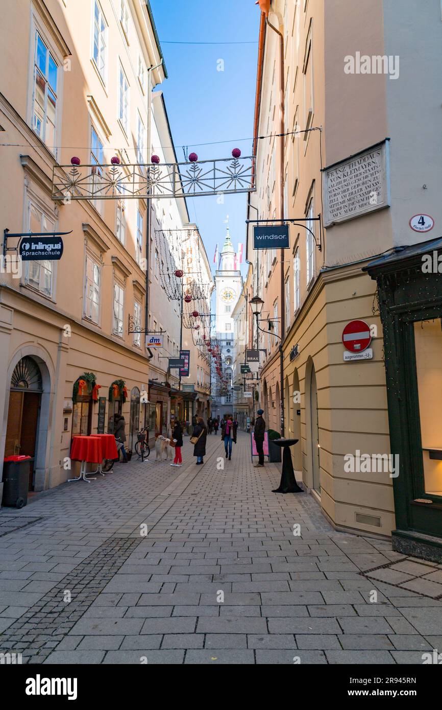 Salzburg, Austria - December 27, 2021: Getreidegasse is a busy shopping ...