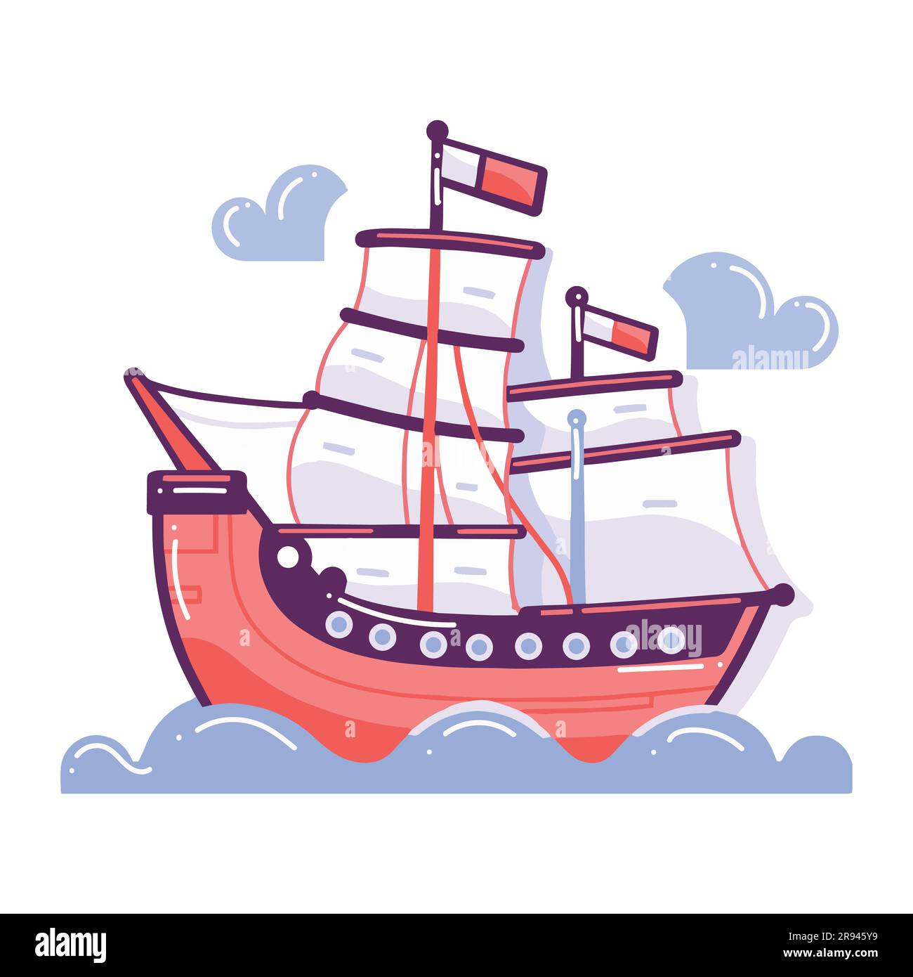 Hand Drawn cute pirate ship in flat style isolated on background Stock ...