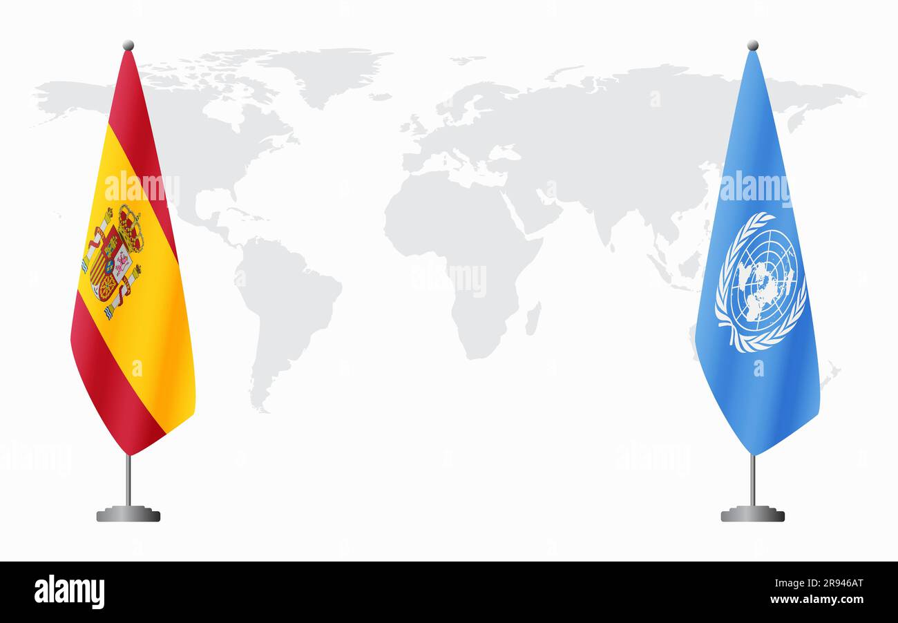 Spain and United Nations flags for official meeting against background ...