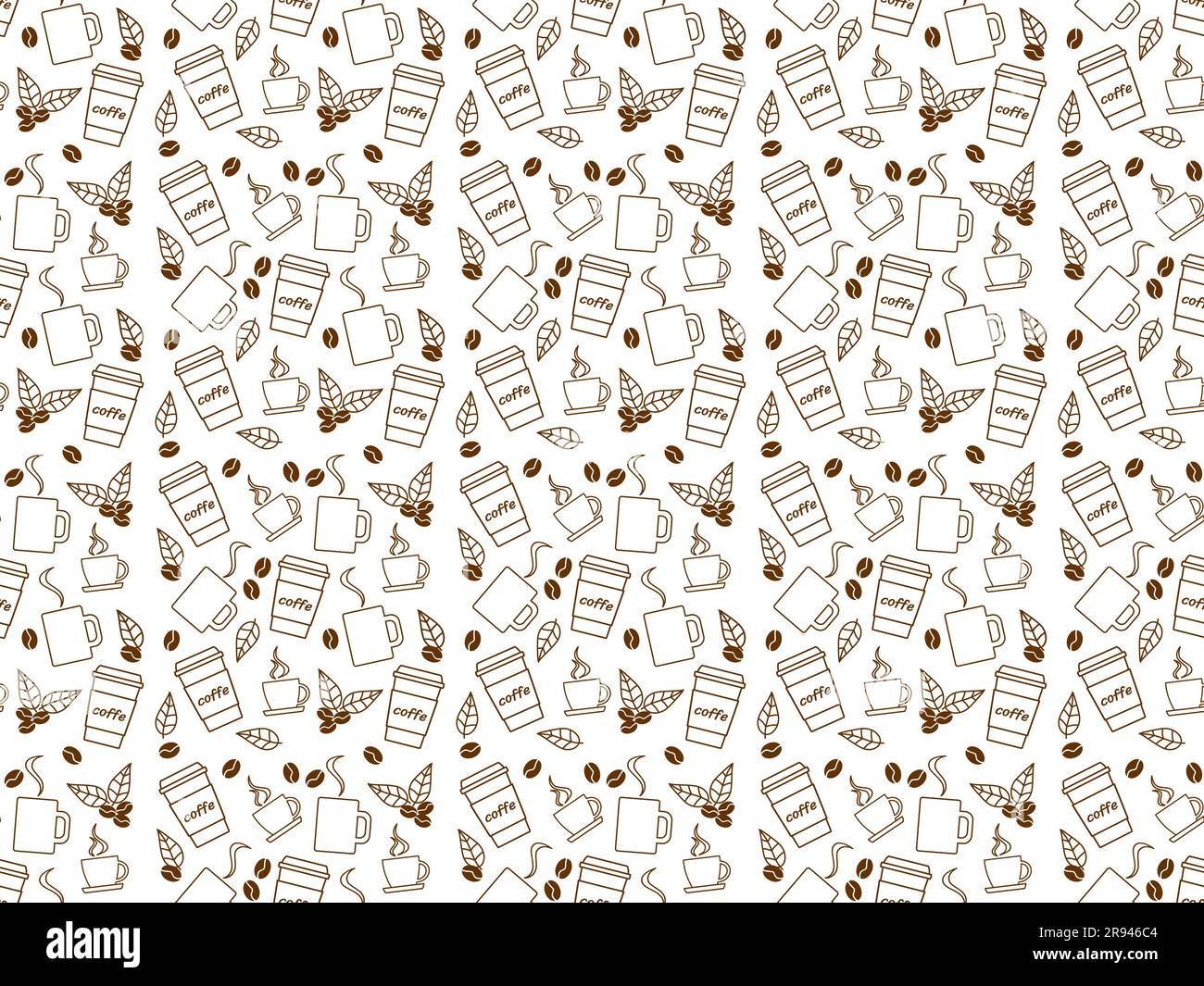 Vector seamless pattern of brown coffee cups, grains and leaves on a white background Stock ...
