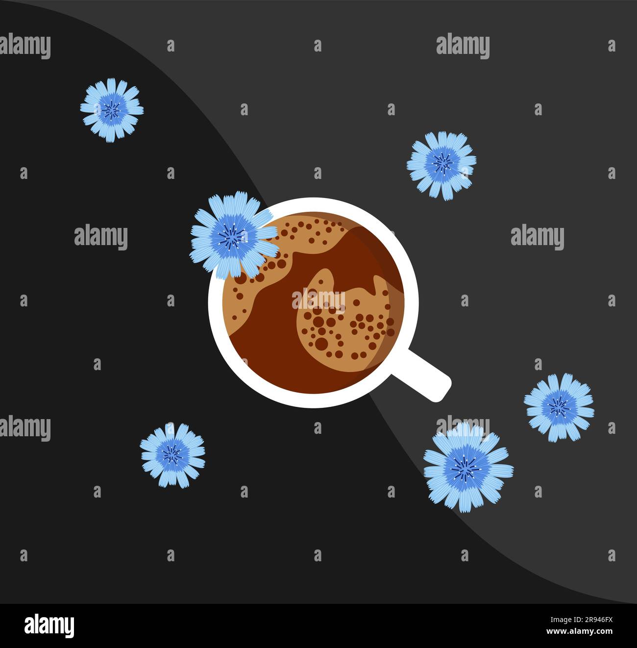 White cup with a drink of chicory root and chicory flowers on a dark ...