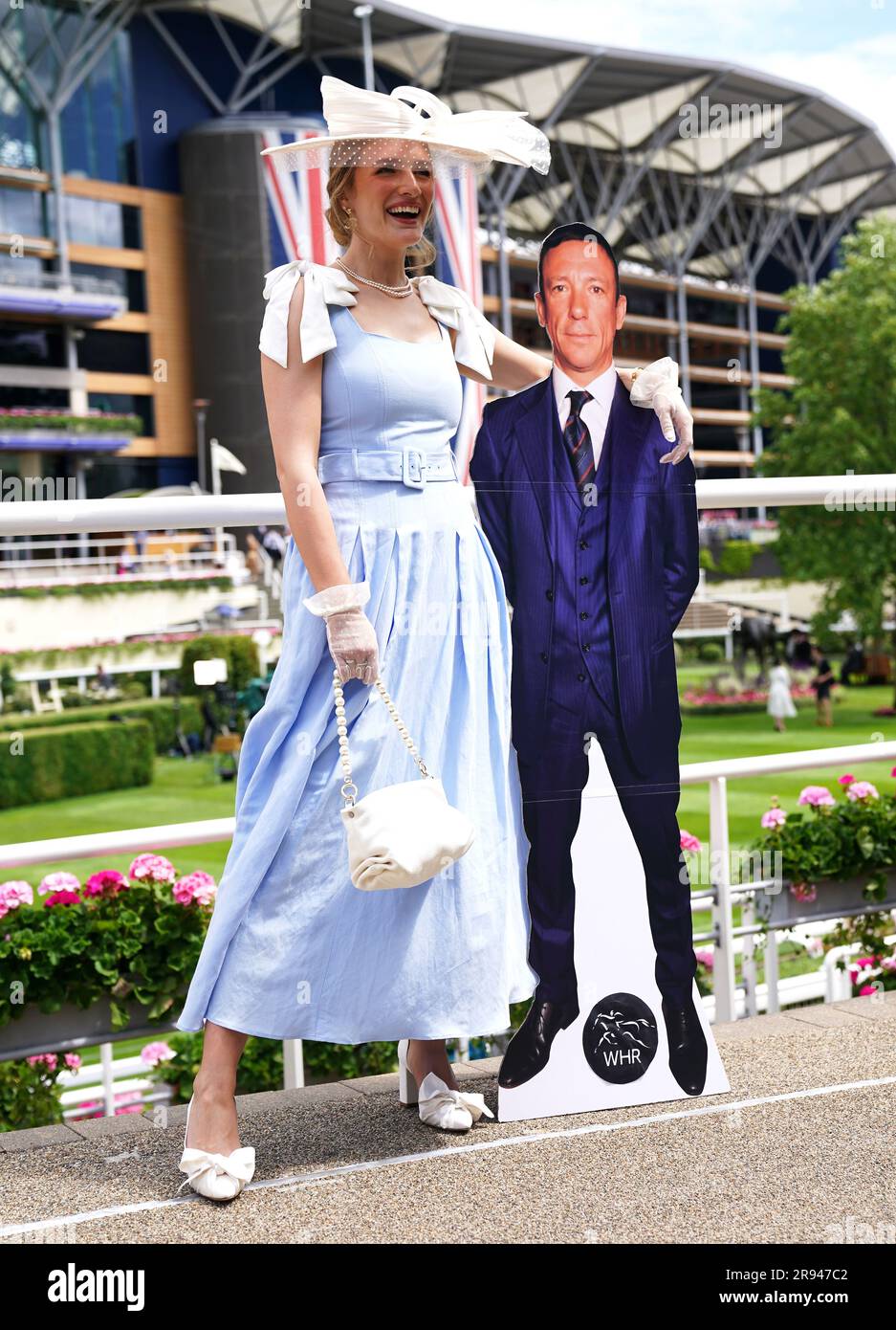 Fiona Andrew poses for a cutout of jockey Frankie Dettori during day five of Royal Ascot at ...