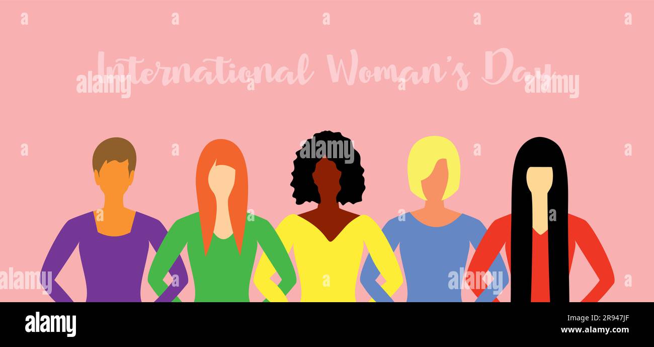 Five women of different skin, hair and clothes stand with their arms ...