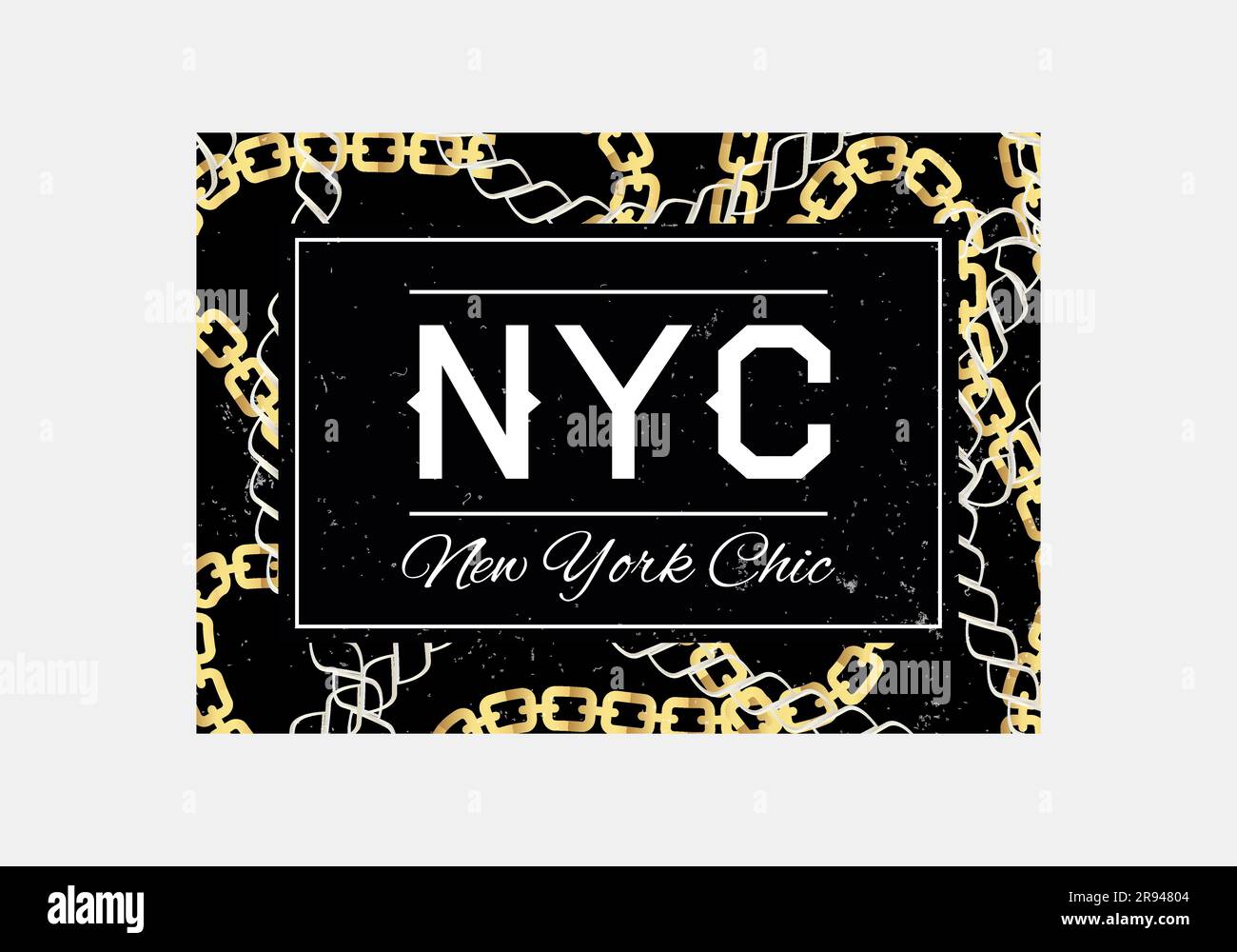 NYC slogan typography on gold chain pattern background. Fashion t-shirt ...