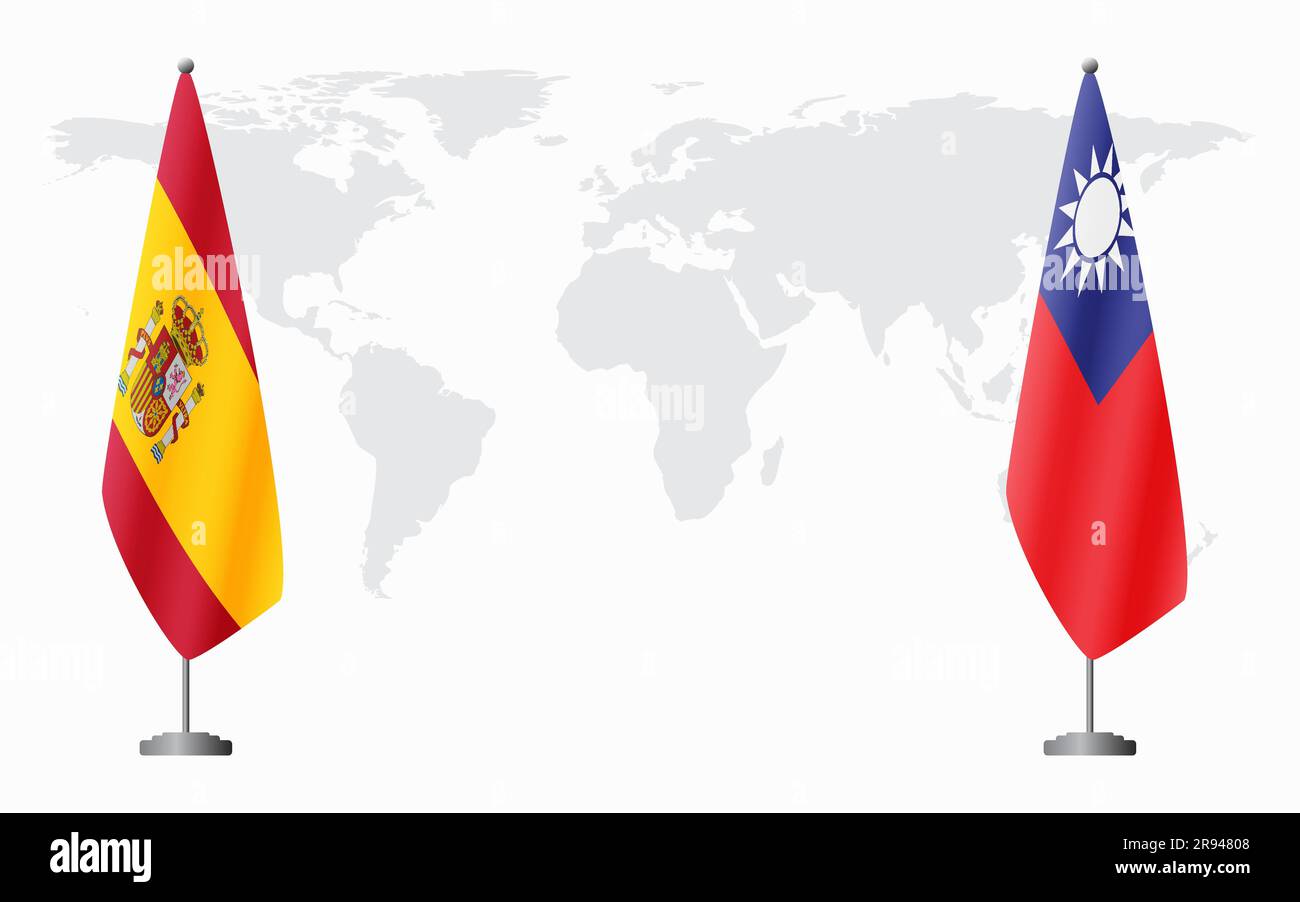 Spain and Taiwan flags for official meeting against background of world ...
