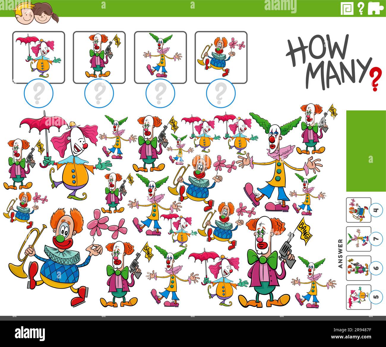 Cartoon illustration of educational counting task with clowns characters hi-res stock ...