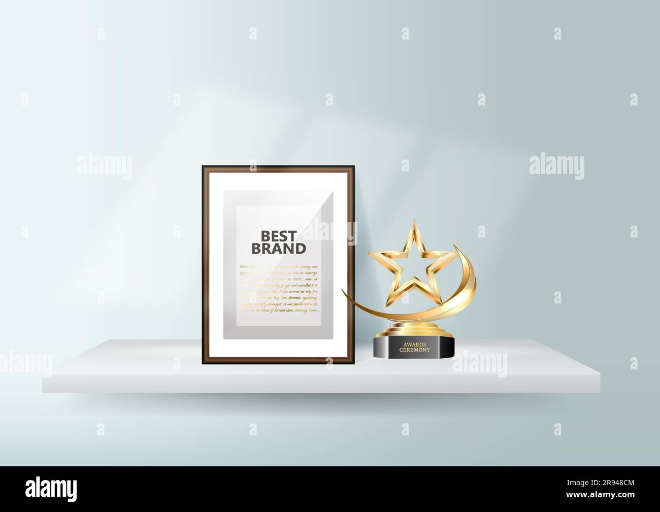 Best gold star trophy standing on white long shelf. Shiny, glossy prize ...