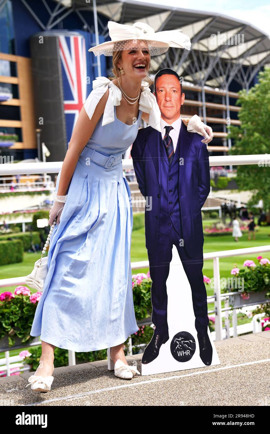 Fiona Andrew poses for photographs with a cutout of jockey Frankie Dettori during day five of ...