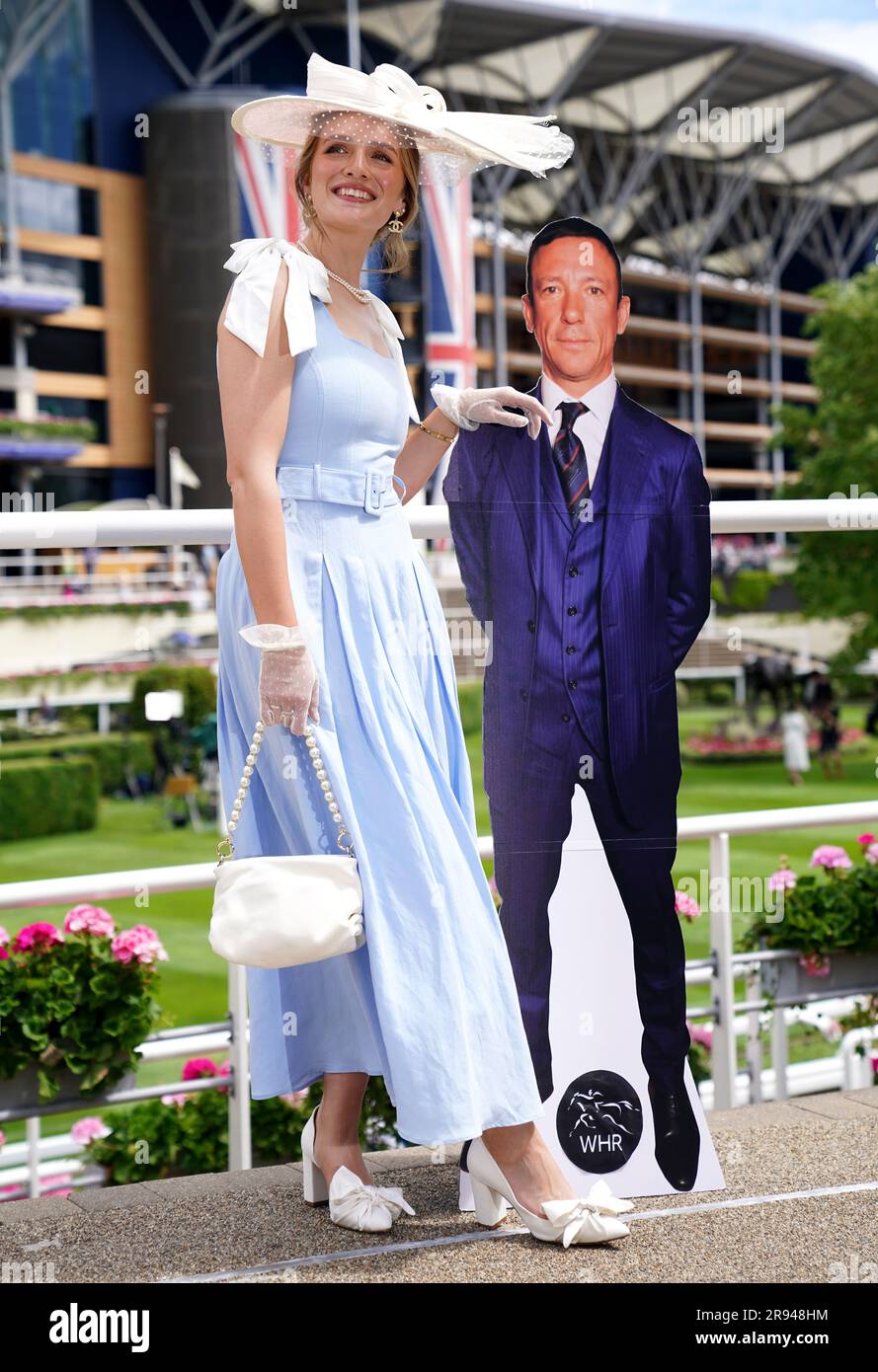 Fiona Andrew poses for photographs with a cutout of jockey Frankie Dettori during day five of ...