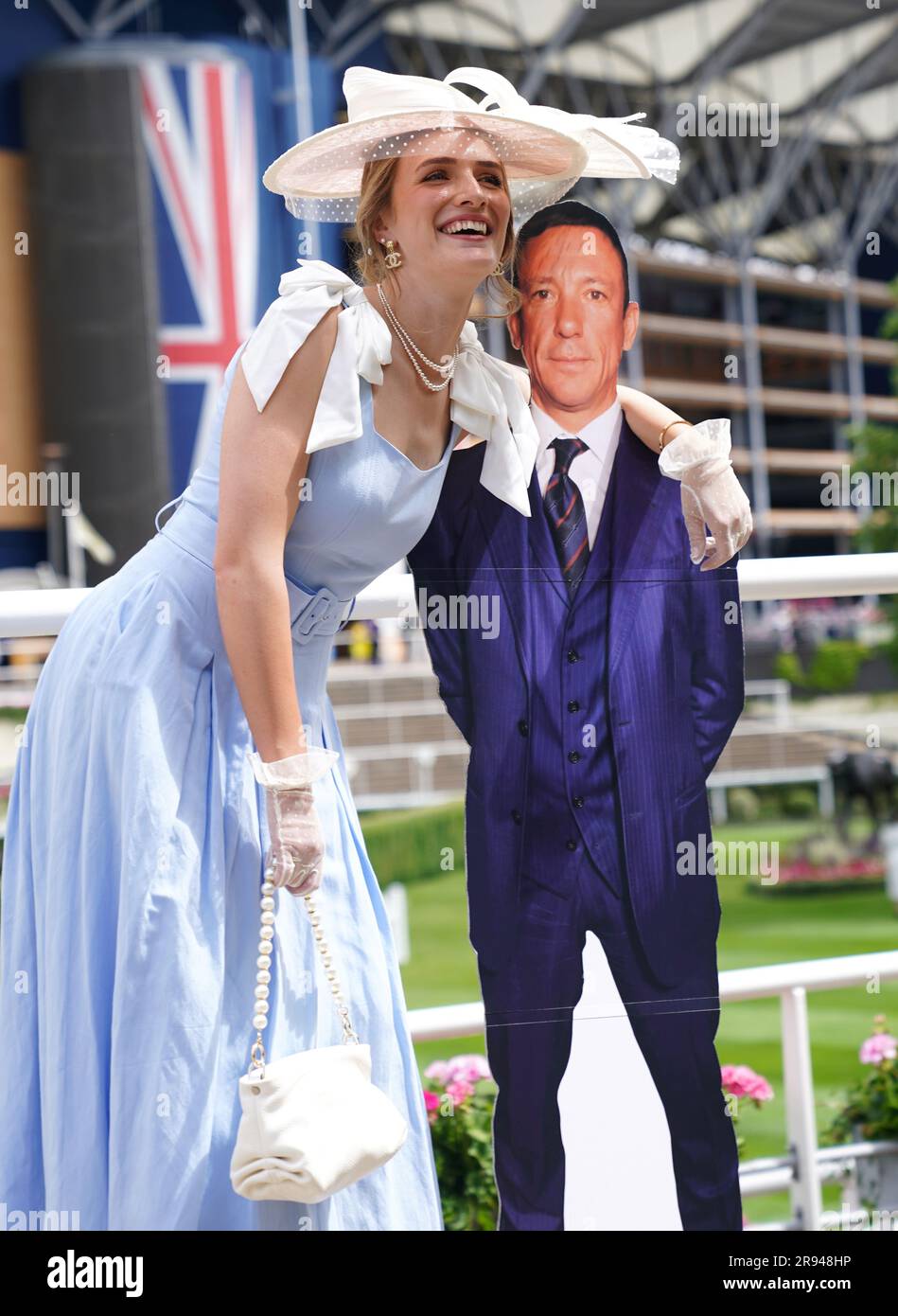 Fiona Andrew poses for photographs with a cutout of jockey Frankie Dettori during day five of ...