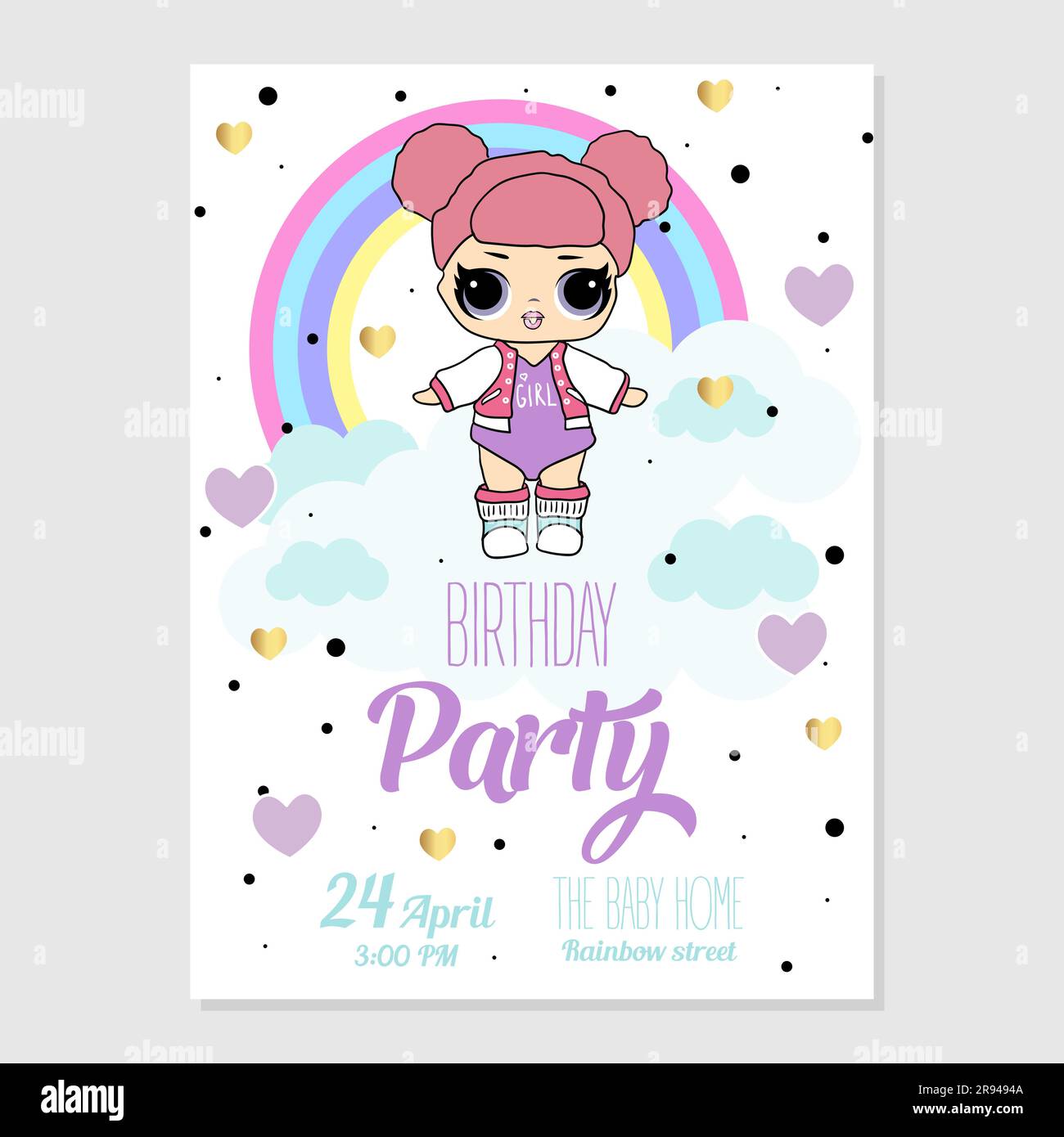 Birthday Invitation with cute Lol Dolls. Pink vector template of ...