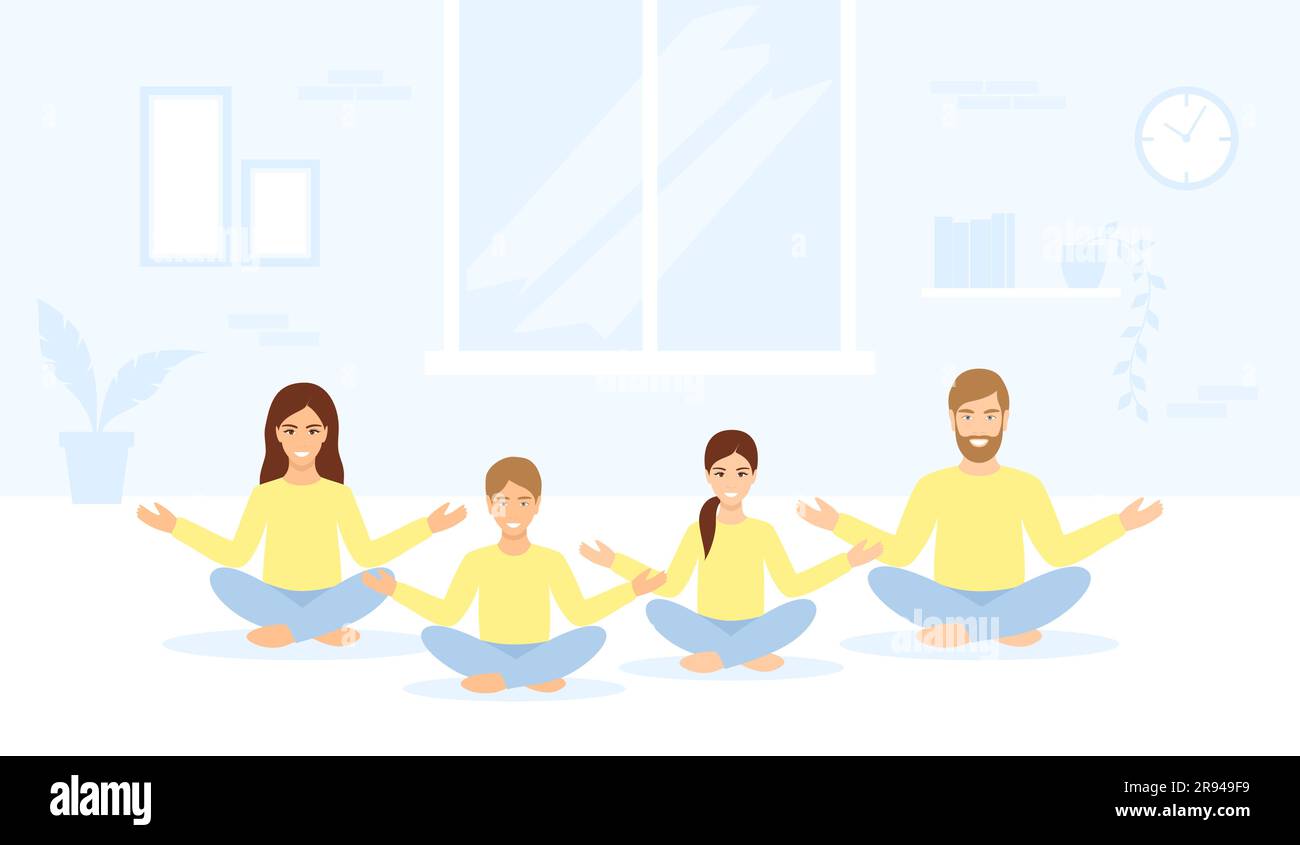 A family in casual clothes meditating together at home. Vector ...