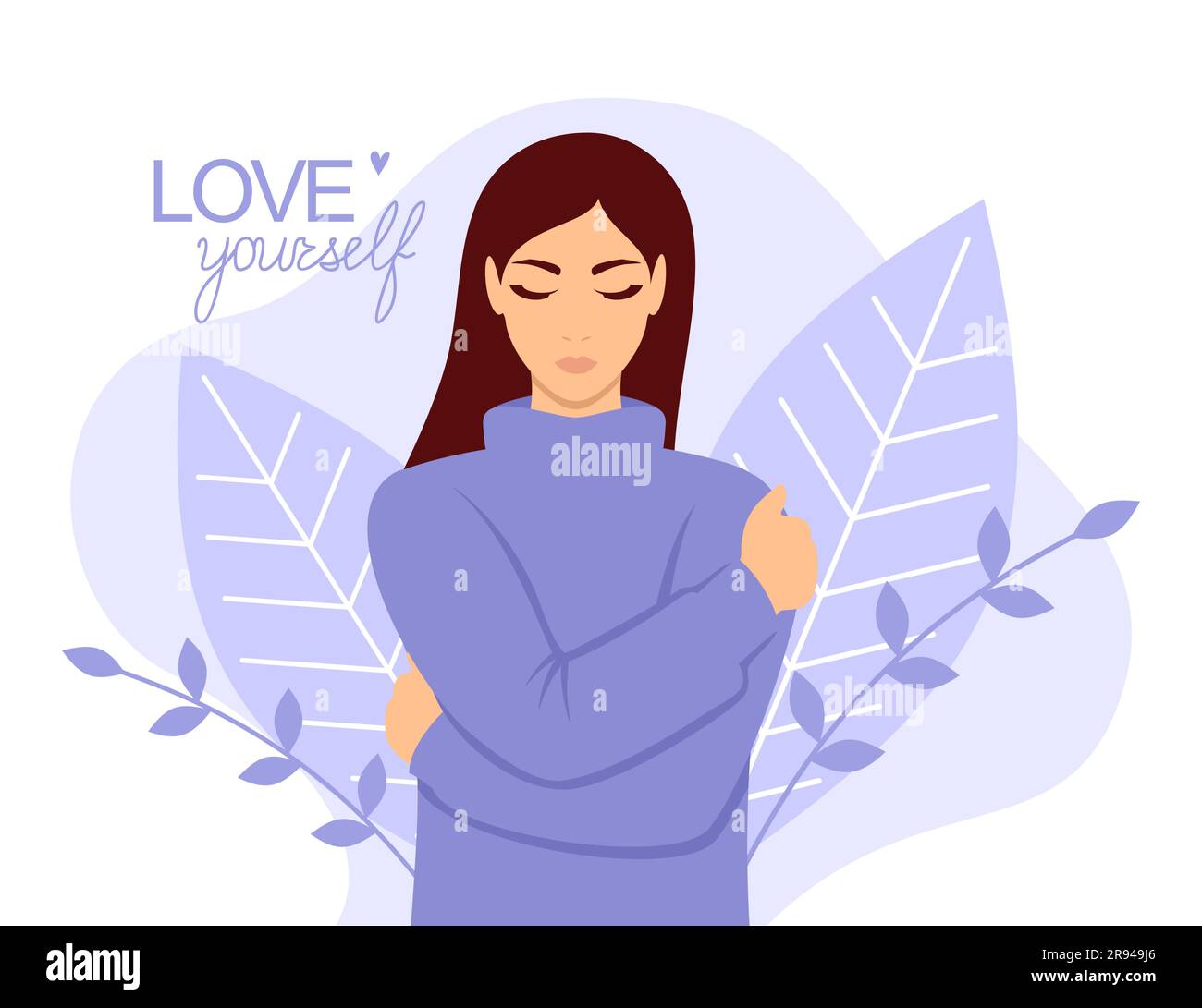 Woman with brown hair and closed eyes hugs herself. The concept of self ...