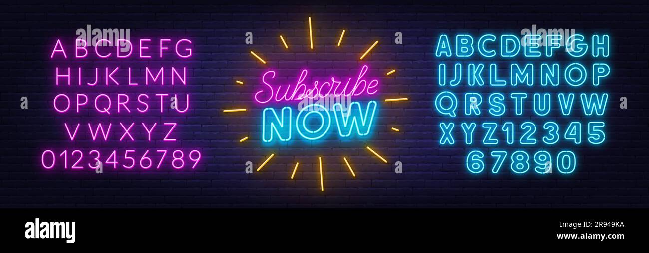 Subscribe Now neon lettering on brick wall background. Vector ...