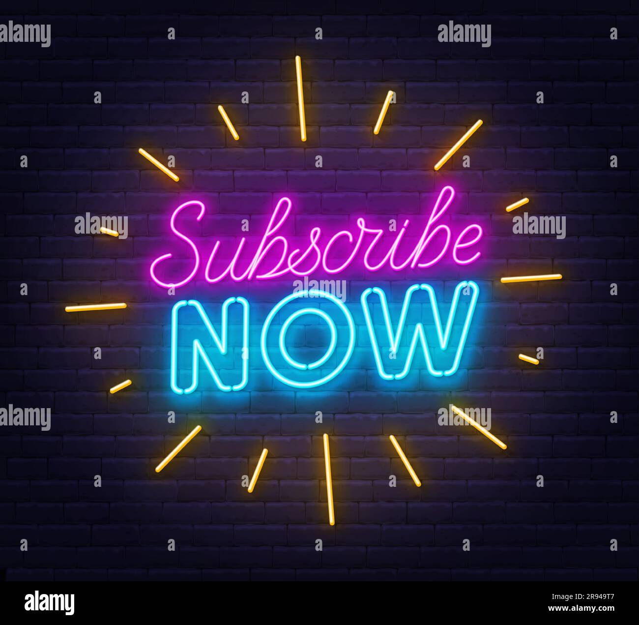 Subscribe Now neon lettering on brick wall background. Vector ...