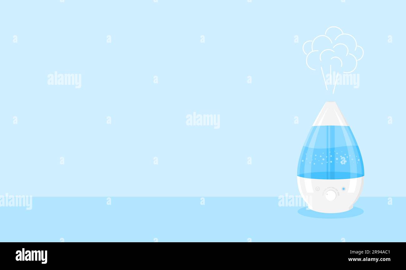 A working white humidifier on a blue background with copy space. Flat ...