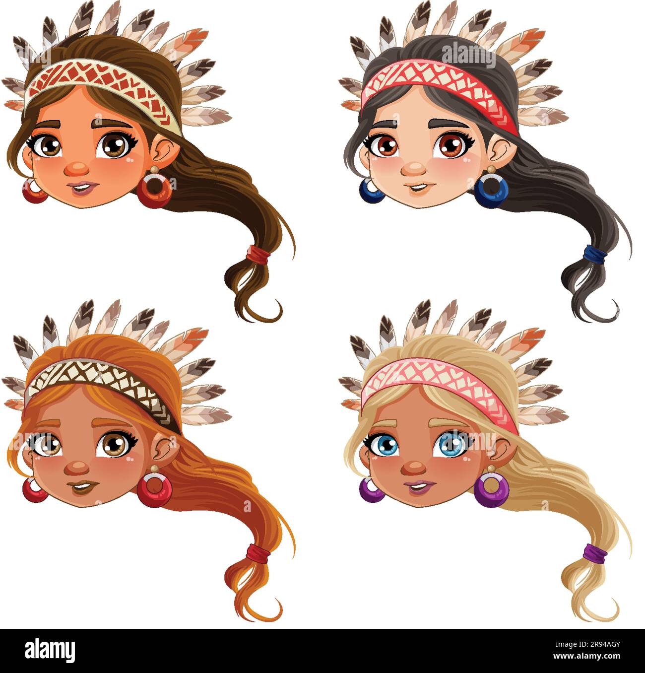 Set of Set of Native American cartoon head illustration Stock Vector ...